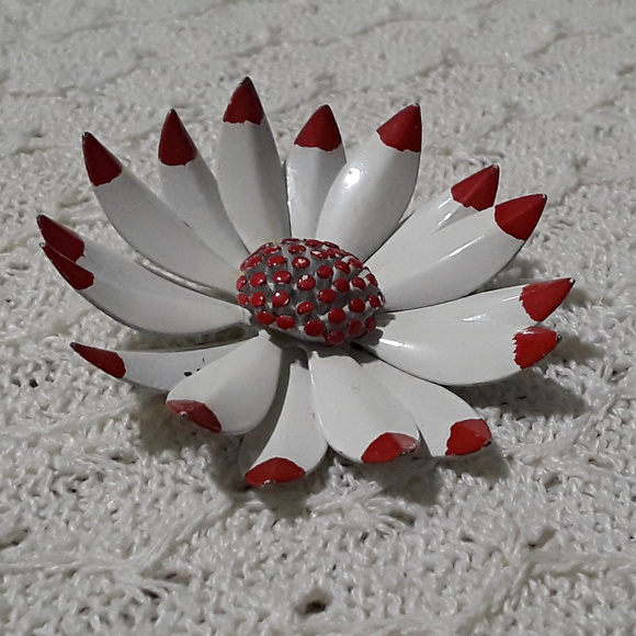 Jewelry | Vintage Red White Painted Huge Flower Brooch Pin | Poshmark